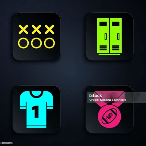 메달 계획 전략 개념 미식 축구 유니폼 및 사물함이 있는 미식 축구 공을 설정하거나 축구 농구 팀 또는 작업자를 위한 탈의실을 설정하십시오 검은색 사각형 버튼입니다 벡터