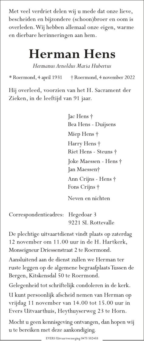 Dhr Herman Hens — Evers Uitvaartverzorging