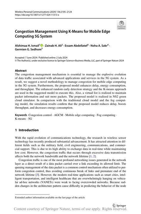 Congestion Management Using K Means For Mobile Edge Computing 5g System Request Pdf