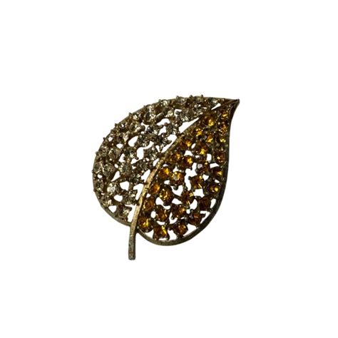 Vintage Signed Lisner Light Yellow And Amber Leaf Rhinestone Gold Tone Brooch