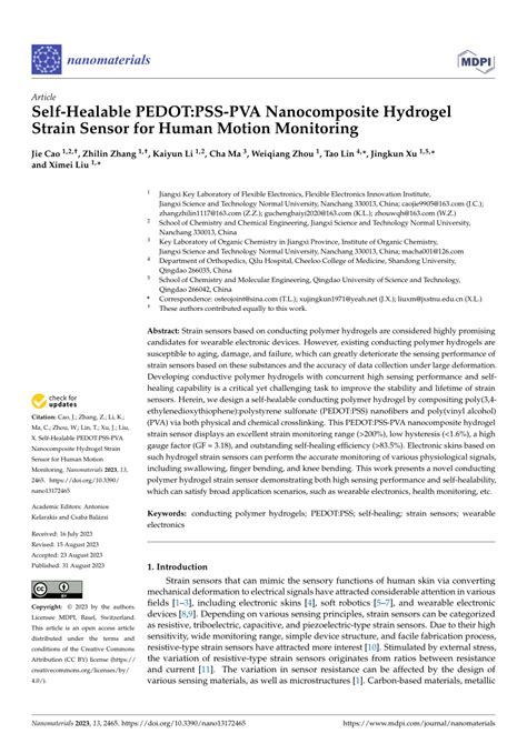 Pdf Self Healable Pedotpss Pva Nanocomposite Hydrogel Strain Sensor For Human Motion Monitoring
