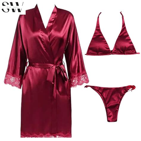 Silk Wear 3 Pieces Elegant Satin Silk Sleepwear Set With Lace Robe