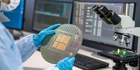 Scientist Examining Semiconductor Wafer Under Microscope In A High Tech