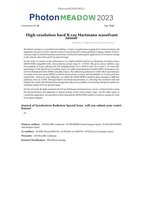 Pdf High Resolution Hard X Ray Hartmann Wavefront Sensor
