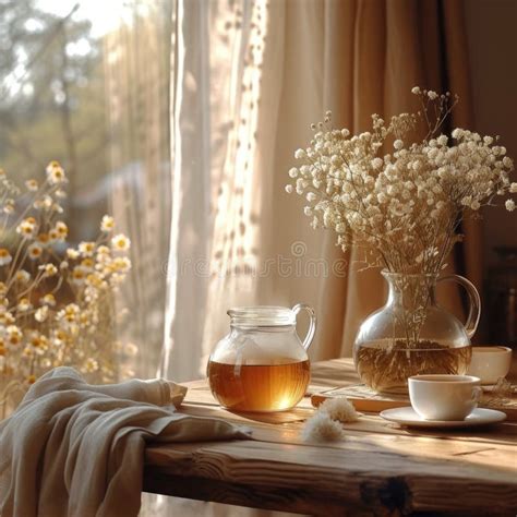 Spring Window With Cup Of Tea Flowers And Decors Generative Ai Stock Illustration
