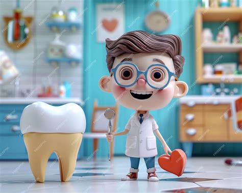 Adorable Cartoon Dentist Character Holding A Heart And Dental Tool