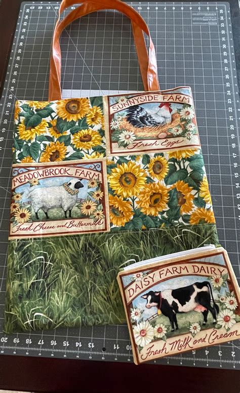 Extra Large Tote Bag Project Bag Farm Theme Faux Leather Long