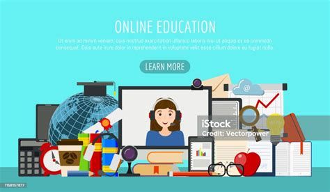 원격 교육 배너입니다 온라인 과정 E러닝 튜토리얼 벡터 일러스트레이션을 테스트합니다 데스크톱 컴퓨터 헤드폰 키보드 계산기 웹캠으로 화상 통화 헤드폰에 대한 스톡 벡터 아트