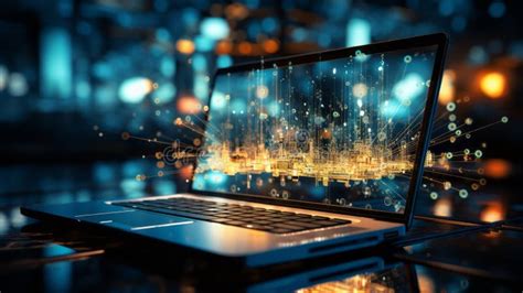 Computer With Abstract Technology And Networking Background Stock