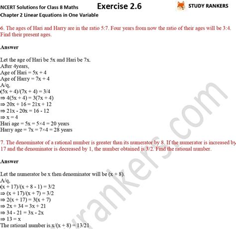 linear equations in one variable class 8 exercise 2 answers tessshebaylo