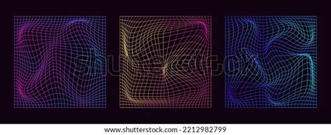 set distorted neon grid patternretrowave synthwave stock vector