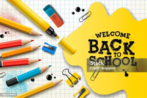 연필과 타이포그래피 문자가 있는 학교 세일 디자인으로 돌아갑니다 포스터 웹 표지 광고 인사말 카드 소셜 미디어 홍보를위한 벡터 학교 삽화 Html에 대한 스톡 벡터 아트 및