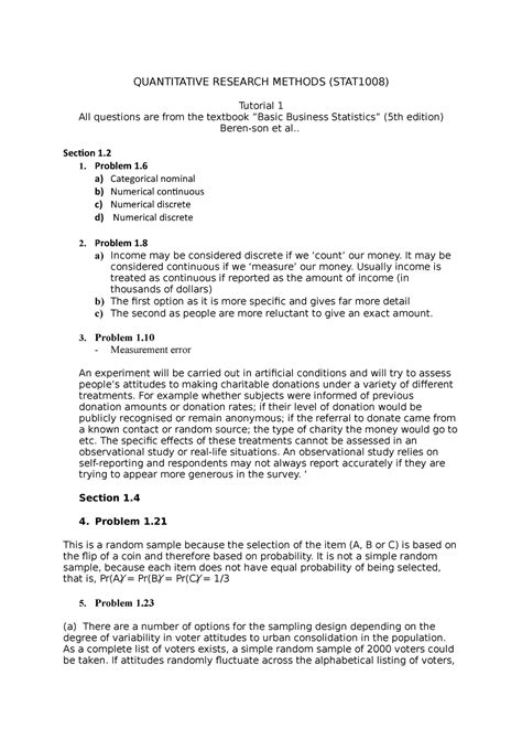 Answer Question QUANTITATIVE RESEARCH METHODS STAT Tutorial All Questions Are From