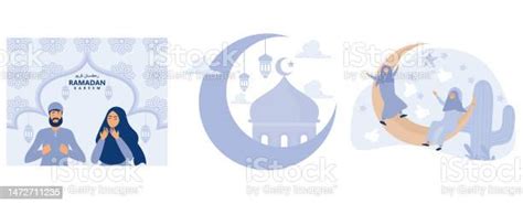 행복한 금식 라마단 카림 행복한 라마단 무바라크 인사말 개념 이슬람 배경 평면 벡터 현대 그림 설정 Ramadan Kareem에 대한 스톡 벡터 아트 및 기타 이미지