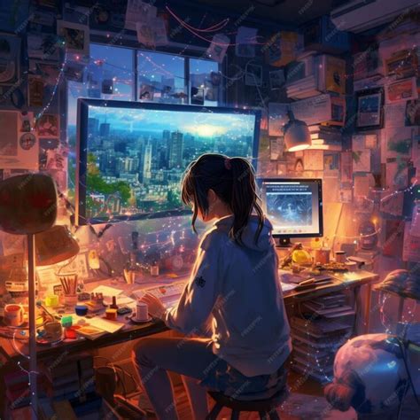 Premium Photo Anime Girl Sitting At Desk With Computer And Desk Lamp