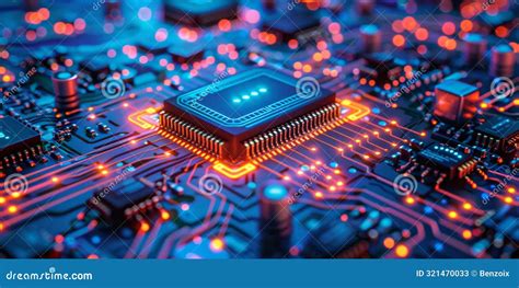 A Futuristic Circuit Board Showcasing A Glowing Microchip With Electric Pathways Stock Image