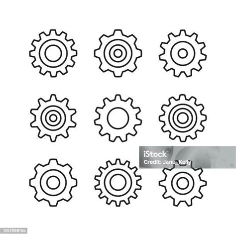 코그 라인 아이콘 세트입니다 기어 톱니바퀴 둥근 톱니 바퀴 얇은 라인 디자인 현대 그래픽 디자인 개념 간단한 선형 윤곽 요소 컬렉션 벡터 아이콘 개념에 대한 스톡 벡터 아트