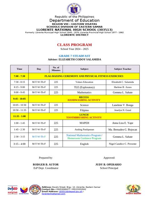 Grade 7 Class Program Template 2024 2025 Pdf