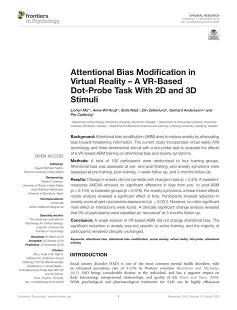 Pdf Attentional Bias Modification In Virtual Reality A Vr Based Dot Probe Task With 2d And