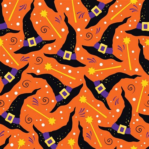 Halloween Fabric Witch Hats And Wands On Orange Fabric 100 Cotton