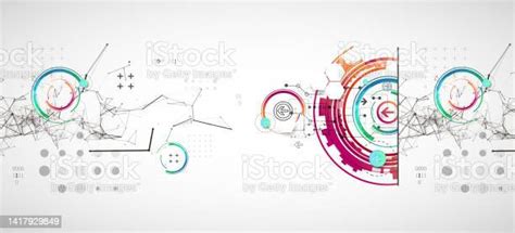 기술 및 과학 주제에 대한 추상적 인 배경 텍스트 아래에 있는 장소가 있는 다양한 테크노 디테일이 있는 플렉서스 효과 벡터 형식입니다 가상현실에 대한 스톡 벡터 아트 및