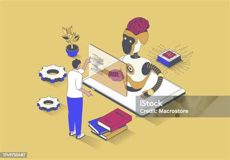 3d 아이소메트릭 디자인의 인공 지능 개념입니다 디지털 두뇌 기계 학습 및 로봇 사고 과정을 다루는 사람 웹 그래픽을 위한 아이