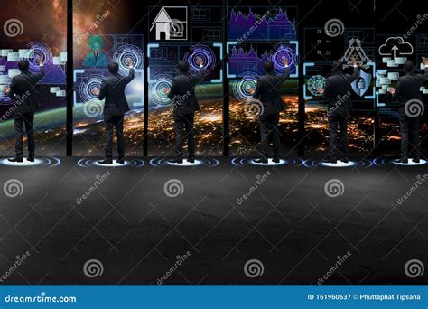 Businessman Genetic Clone Use Hand Touch Screen Interface Holographic Concept Business Space
