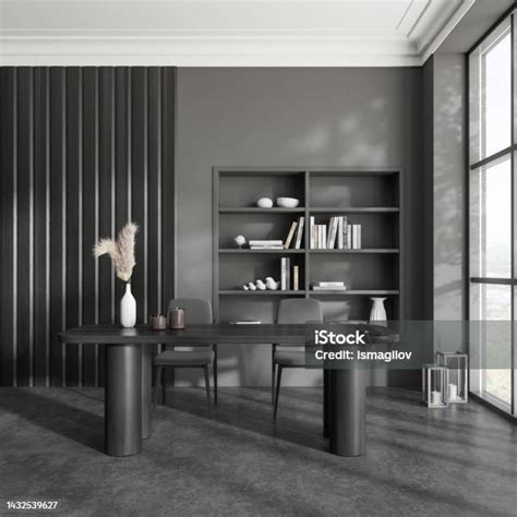 식탁과 의자가있는 회색 거실 인테리어 창문이있는 선반 0명에 대한 스톡 사진 및 기타 이미지 0명 3차원 형태 건축 Istock