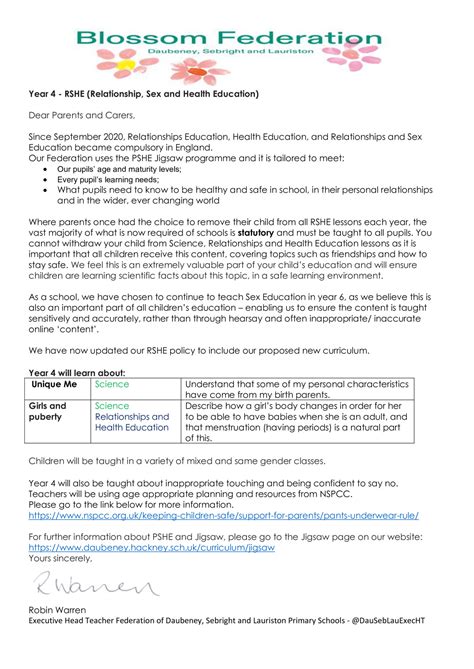 Year 4 Rshe Relationship Sex Health Education 2023 Daubeney Primary