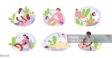 사람들 마사지 살롱 커플 만화 여자와 남자는 물리 치료 마사지 또는 스파 웰빙 미용 절차 등 목 치료 바디 랩 화려한 벡터
