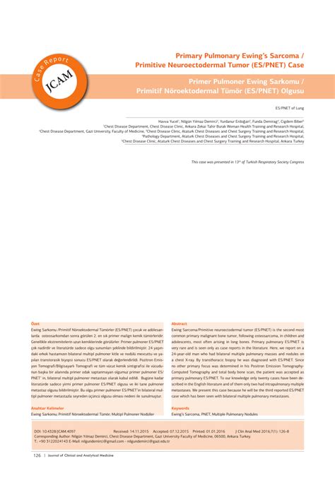 Pdf Primary Pulmonary Ewings Sarcoma Primitive Neuroectodermal Tumor Es Pnet Case