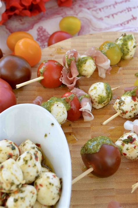Caprese Skewers With Marinated Mozzarella Tomatoes Prosciutto And