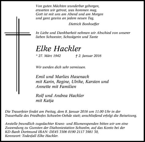Traueranzeigen Von Elke Hackler Trauer In Nrwde