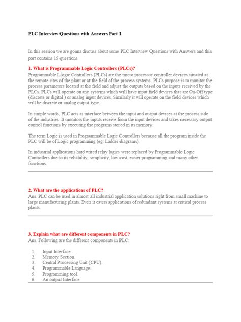 Plc Interview Questions With Answers Part 1 Pdf Programmable Logic