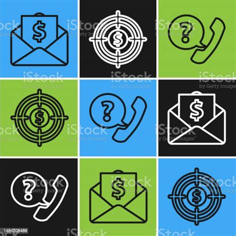 동전 달러 전화 송수화기 및 말풍선 채팅이 있는 회선 봉투 달러 아이콘이 있는 대상을 설정합니다 벡터 Brand Name Online Messaging Platform에