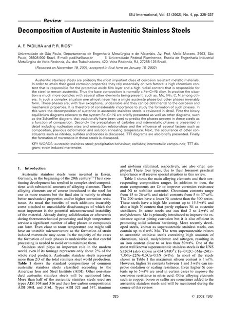 Decomposition Of Austenite In Austenitic Stainless Steels Pdf Steel Stainless Steel