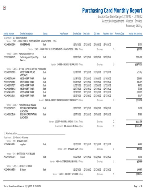 Fillable Online Purchasing Card Monthly Report Invoice Due Date Range 122322 122322 Fax