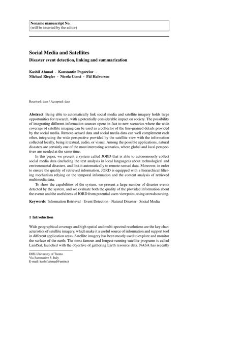 Pdf Social Media And Satellites Disaster Event Detection Linking