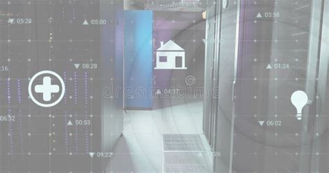 image of multiple digital icons over grid network against computer