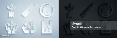 세트 재활용 기호와 잎 휘발유 용기 없음 환경 보호의 식물 손 재활용 비닐 봉투 배터리 및 병 아이콘 벡터 3차원 형태에 대한 스톡 벡터 아트 및 기타 이미지 Istock