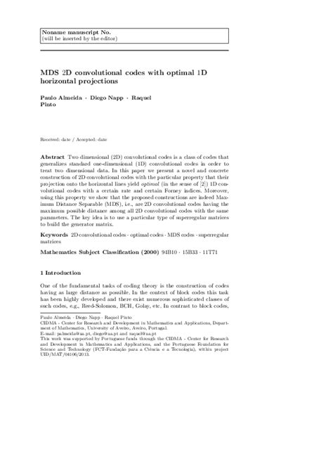 pdf mds 2d convolutional codes with optimal 1d horizontal projections