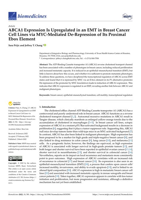 Pdf Abca1 Expression Is Upregulated In An Emt In Breast Cancer Cell Lines Via Myc Mediated De