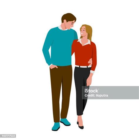 사랑 개념의 행복한 커플 젊은 부부가 걷고 있는데 예쁜 여자와 키가 큰 남자입니다 만화 스타일로 고립 된 현대 벡터 일러스트레이션 가족에 대한 스톡 벡터 아트 및 기타