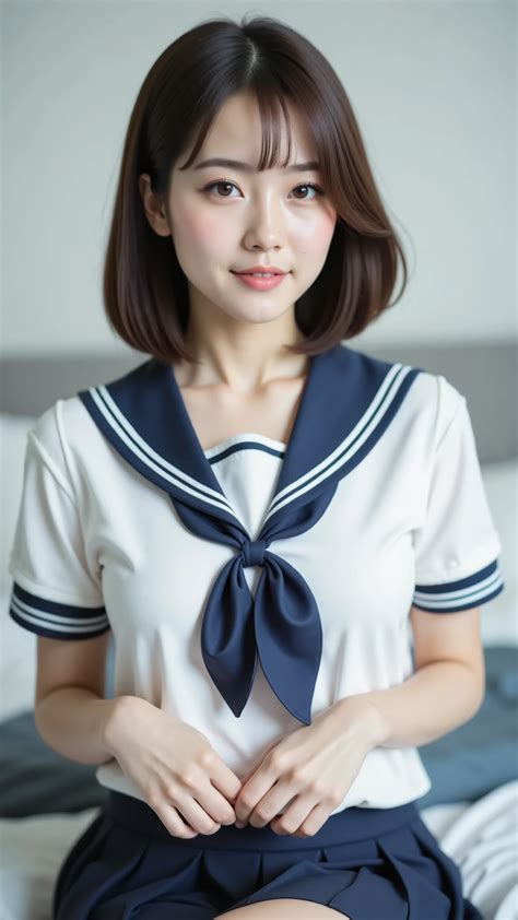 арафед азиатка в матросском костюме сидит на кровати Seaart Ai