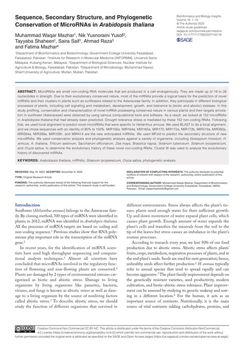 Pdf Sequence Secondary Structure And Phylogenetic Conservation Of Micrornas In Arabidopsis