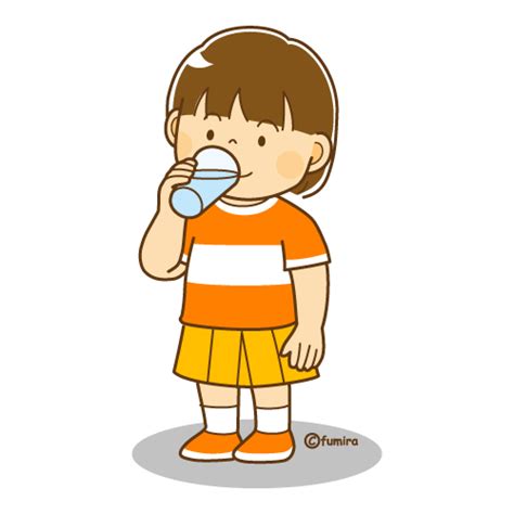 コップで水を飲む女の子のイラスト（ソフト） 子供と動物のイラスト屋さん わたなべふみ