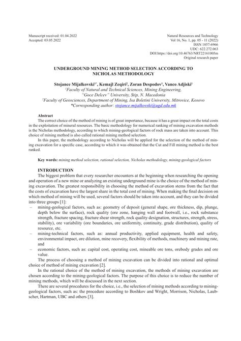 PDF UNDERGROUND MINING METHOD SELECTION ACCORDING TO NICHOLAS METHODOLOGY