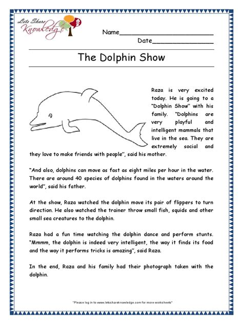 Dolphin Grade 2 Comprehension Worksheet Pdf Dolphin Ungulates