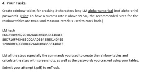 4your Tasks Create Rainbow Tables For Cracking 3 Characters Long Lm Alpha Numerical Not Alpha