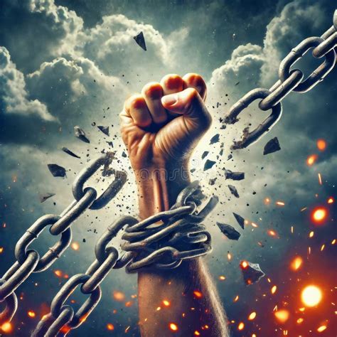 Hand Breaking Free From Chains With A Raised Fist And Sparks Stock